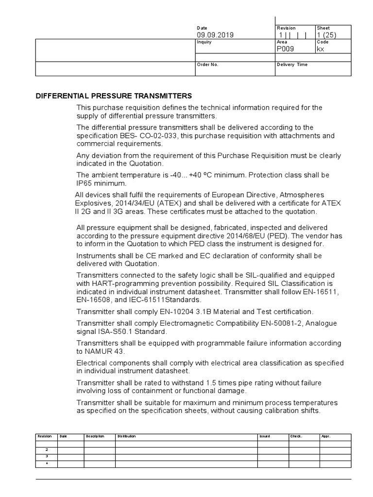 Differential Pressure Transmitters: Date Revision Sheet Inquiry Area ...