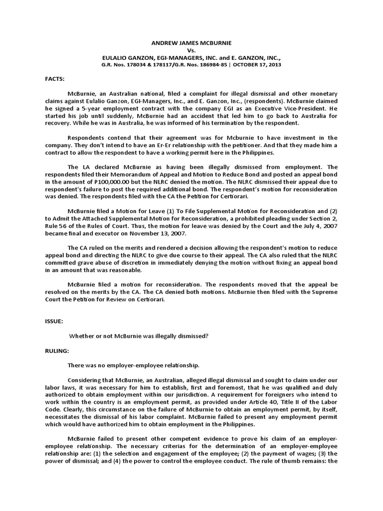 #13 (LL) Mcburnie vs. Ganzon | PDF | Appeal | Employment