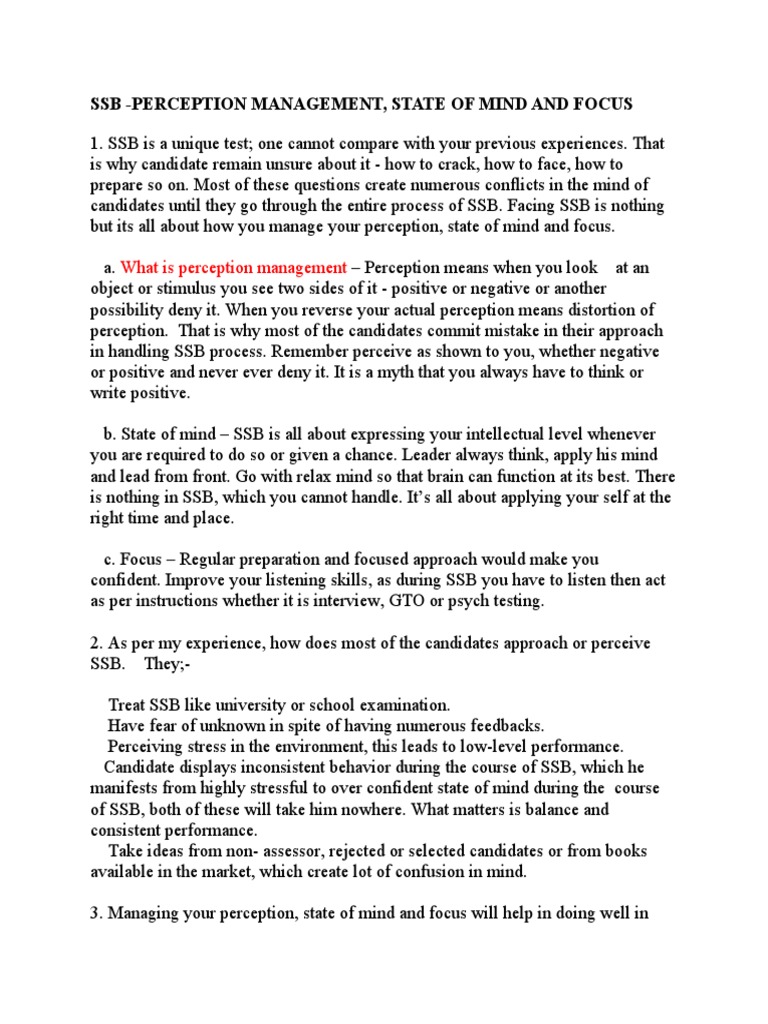 SSB - Perception Management, State of Mind and Focus | PDF | Perception ...