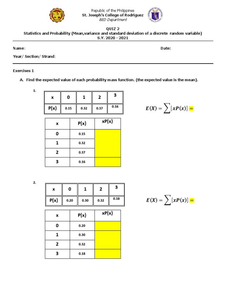 Quiz No. 2 - Mean, Variance and Standard Deviation of A DRV (2nd Sem ...