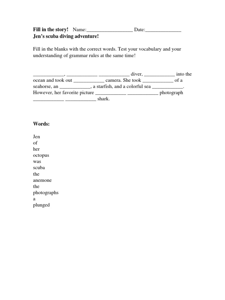 Scuba Diving Adventure Story Fill-in | PDF | Art