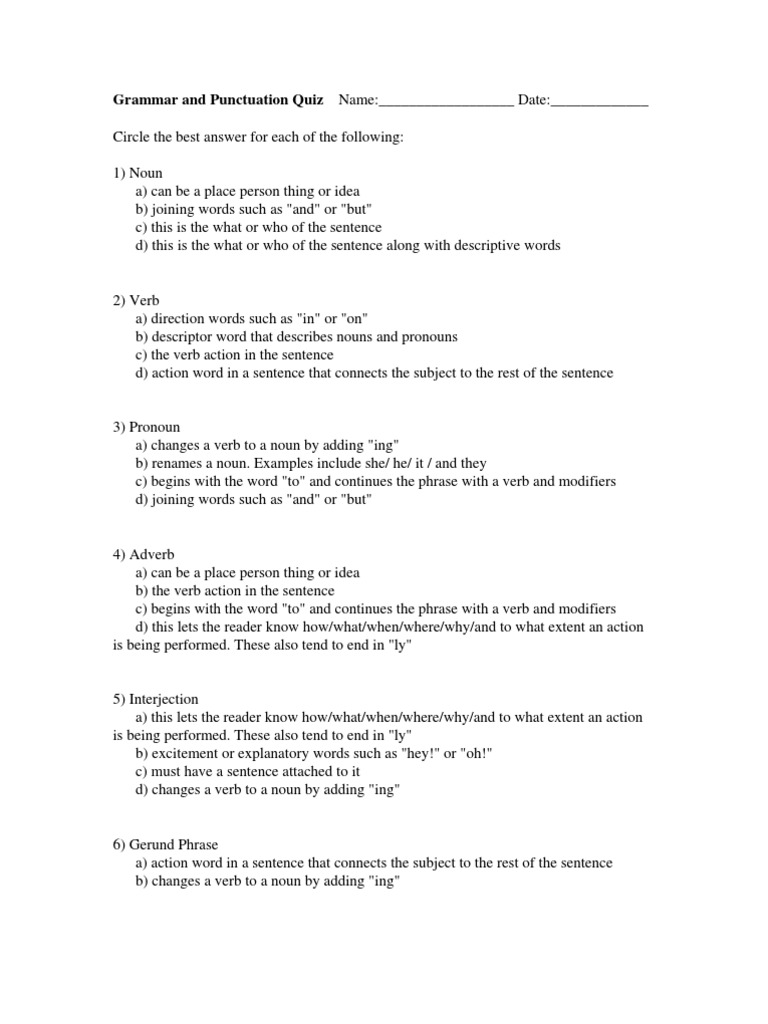Grammar and Punctuation Quiz | PDF | Verb | Clause