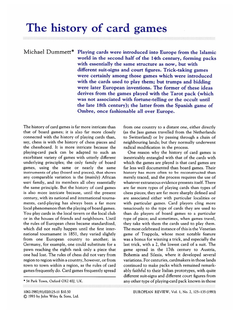 Michael Dummett - The History of Card Games | PDF | Playing Cards ...