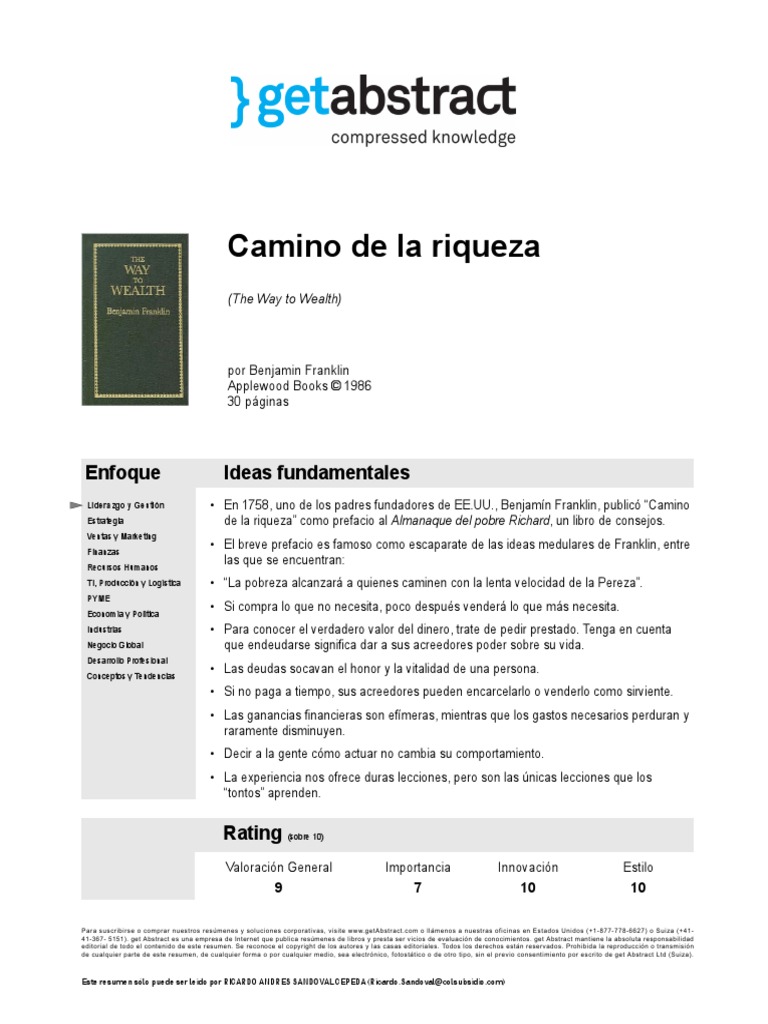 Camino de La Riqueza Franklin Es 17094 | PDF | Benjamin Franklin | Deuda