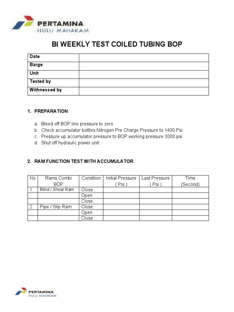 Bi-Weekly Coiled Tubing BOP Test Report | PDF | Pipe (Fluid Conveyance ...