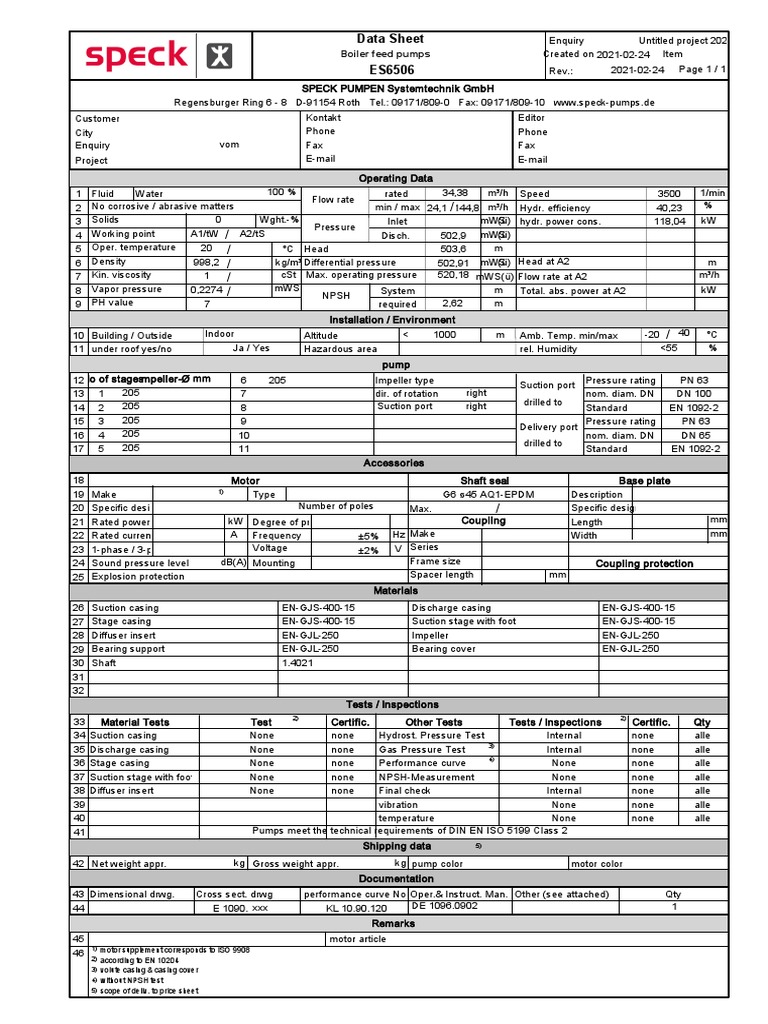 Data Sheet for Boiler Feed Pumps Specifying Technical Details and ...