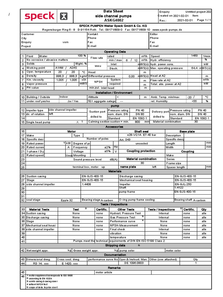 Side Channel Pumps /: Data Sheet Data Sheet | Download Free PDF | Pump ...