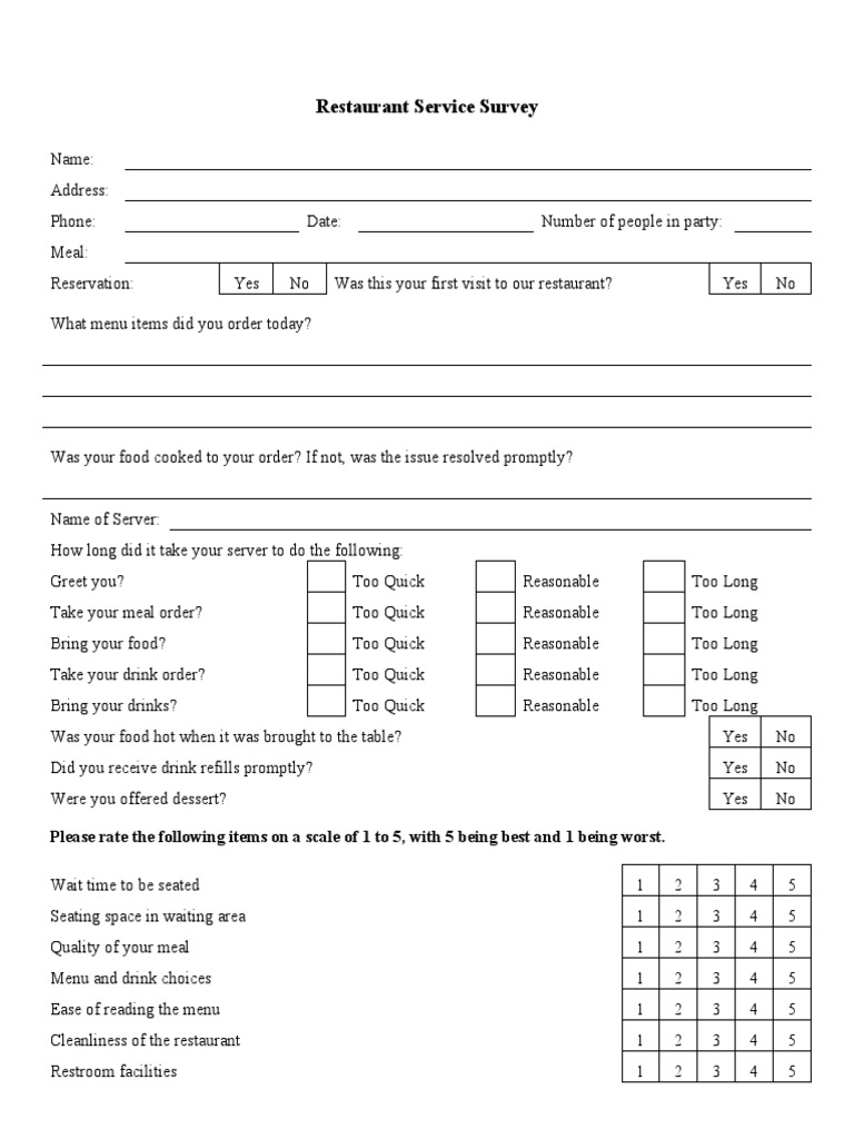 Restaurant Service Survey: Please Rate The Following Items On A Scale ...