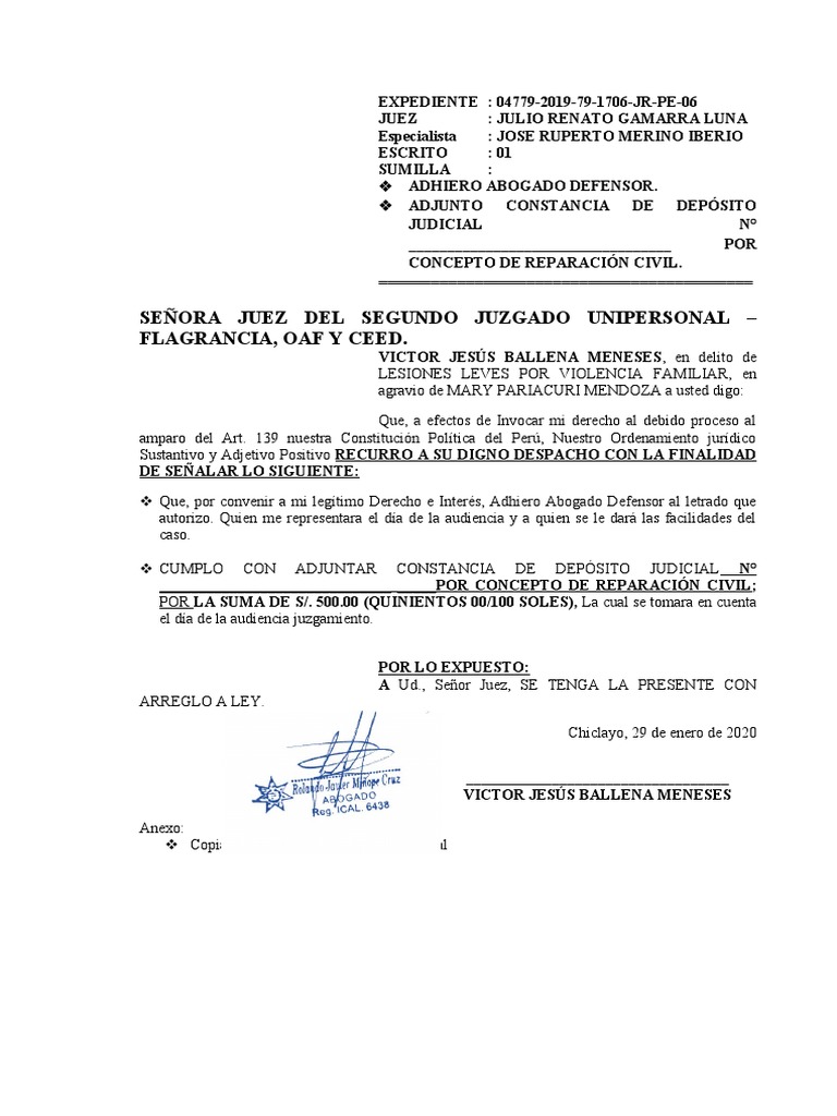 Adhiero Abogado Defensor - Presento Constancia de Deposito Judicial | PDF