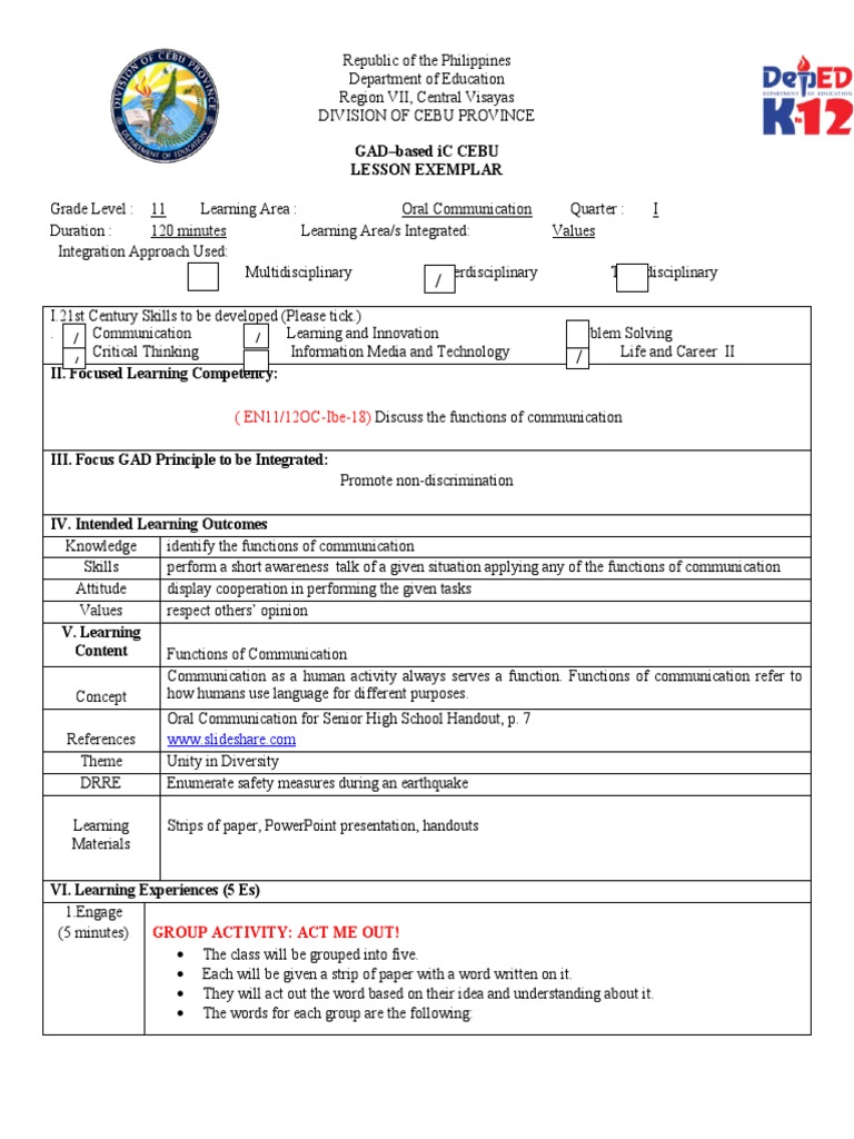 Grade 11 Oral Communication Lesson Plan | PDF | Motivation | Motivational