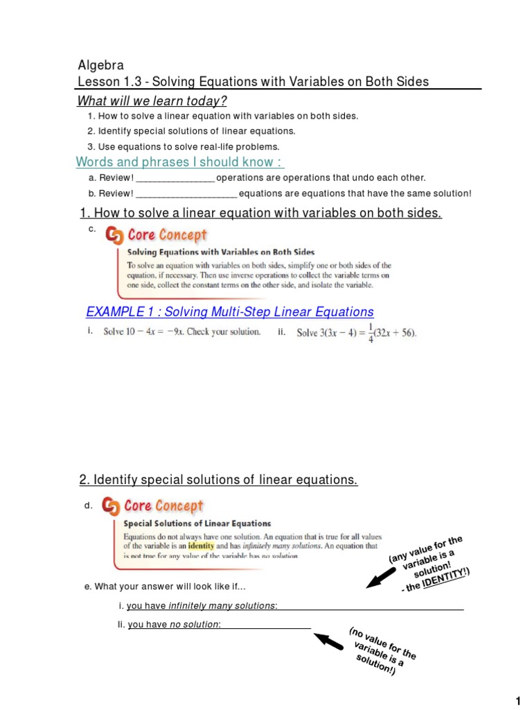 What Will We Learn Today?: Algebra Lesson 1.3 - Solving Equations With ...