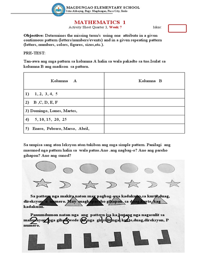 Activity Sheet in Mathematics 1 w3k 7 q3 | PDF