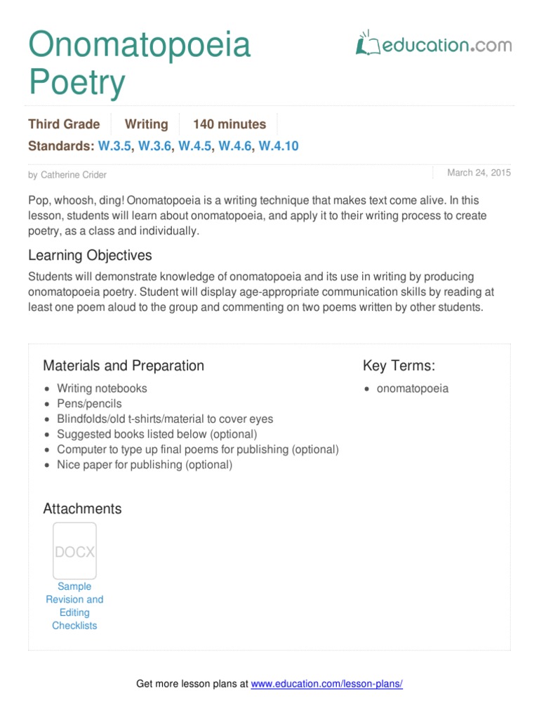 Onomatopoeia Poetry: Learning Objectives | PDF | Lesson Plan | Poetry