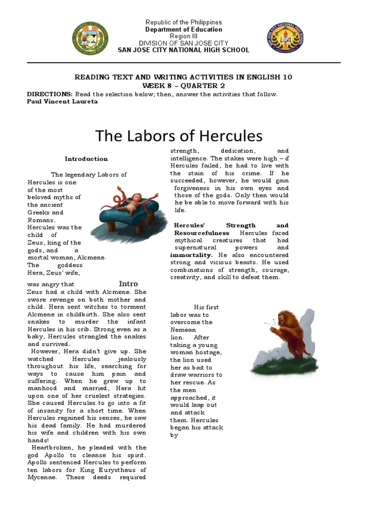 The Labors of Hercules: Reading Text and Writing Activities in English ...