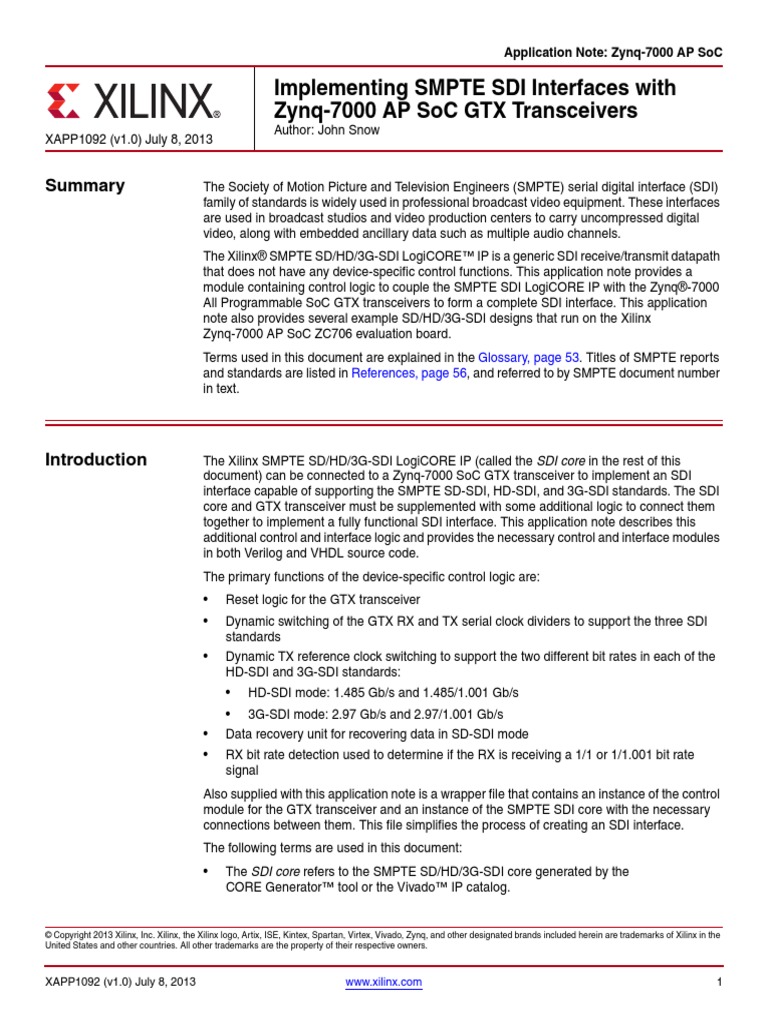 Xapp1092v1.0 Smpte Sdi Zynq GTX Transceivers | PDF | Field Programmable ...