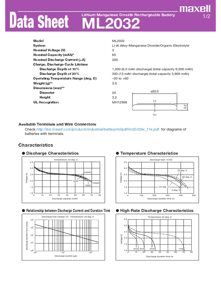 ML2032 DataSheet Table | PDF | Rechargeable Battery | Energy Storage