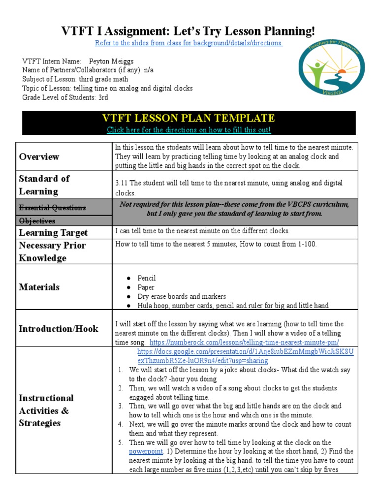 Peyton Meiggs - Lets Try Lesson Planning - 3043344 | PDF | Clock | Pedagogy