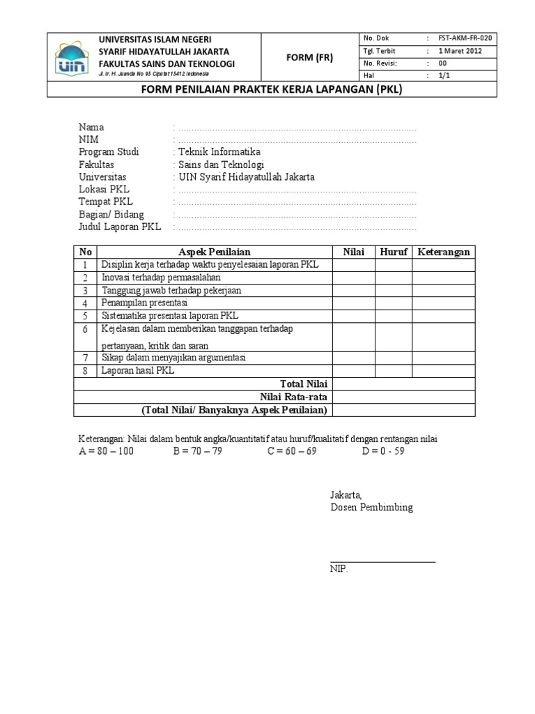 019 Form Penilaian PKL Pembimbing Bidang Laporan | PDF