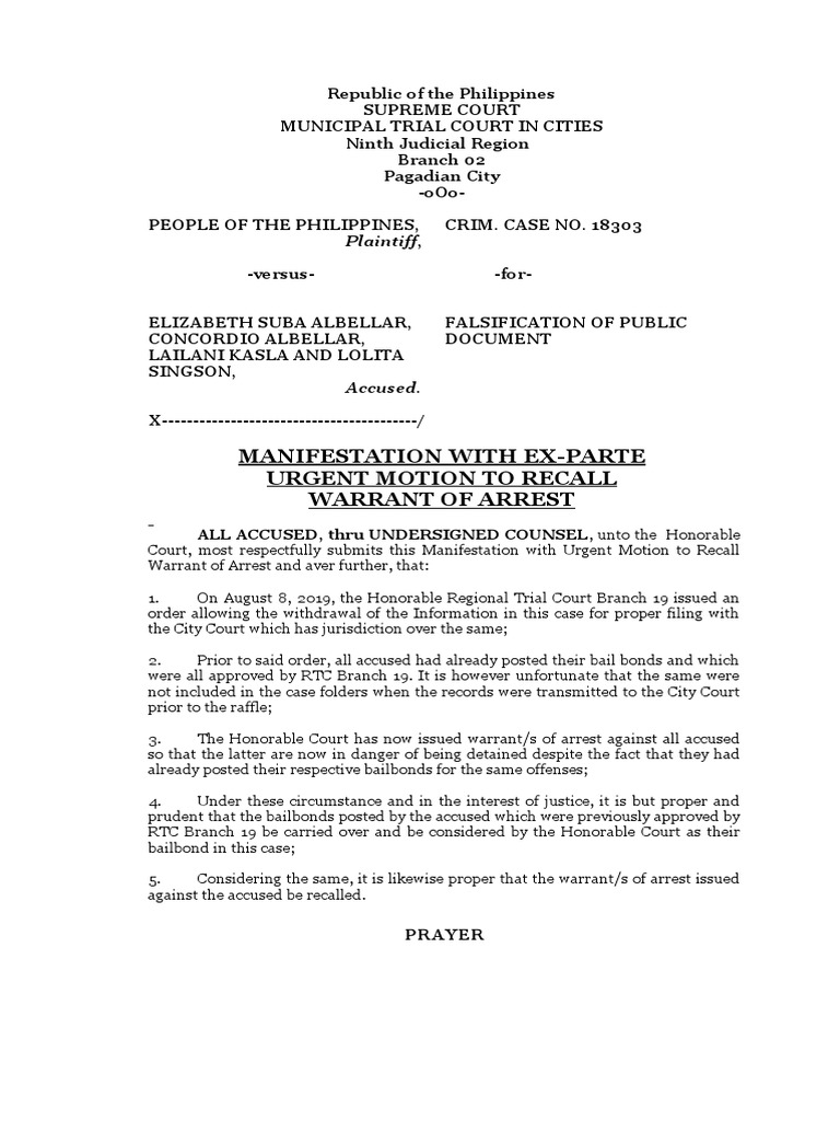 Motion to Recall Warrants of Arrest | PDF | Arrest | Arrest Warrant