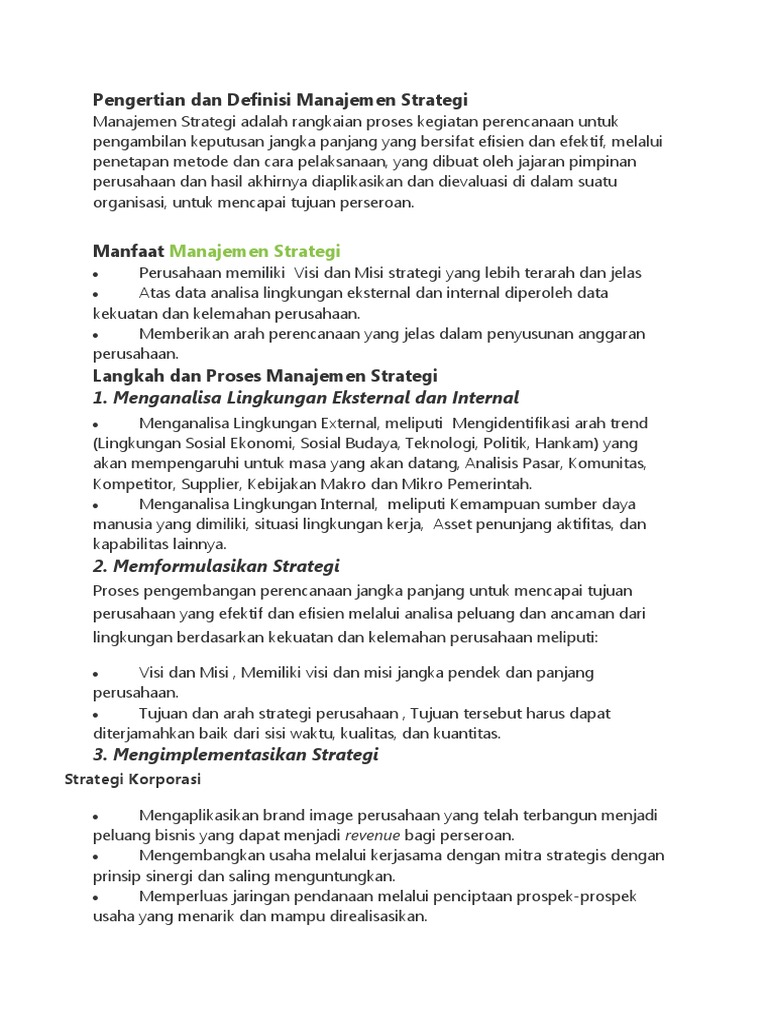 Pengertian Dan Definisi Manajemen Strategi | PDF