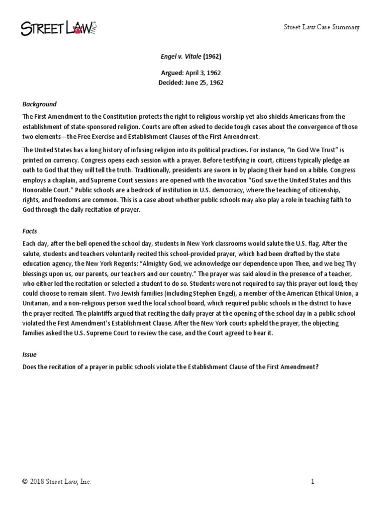 Street Law Case Summary: Engel v. Vitale (1962) | PDF | First Amendment ...
