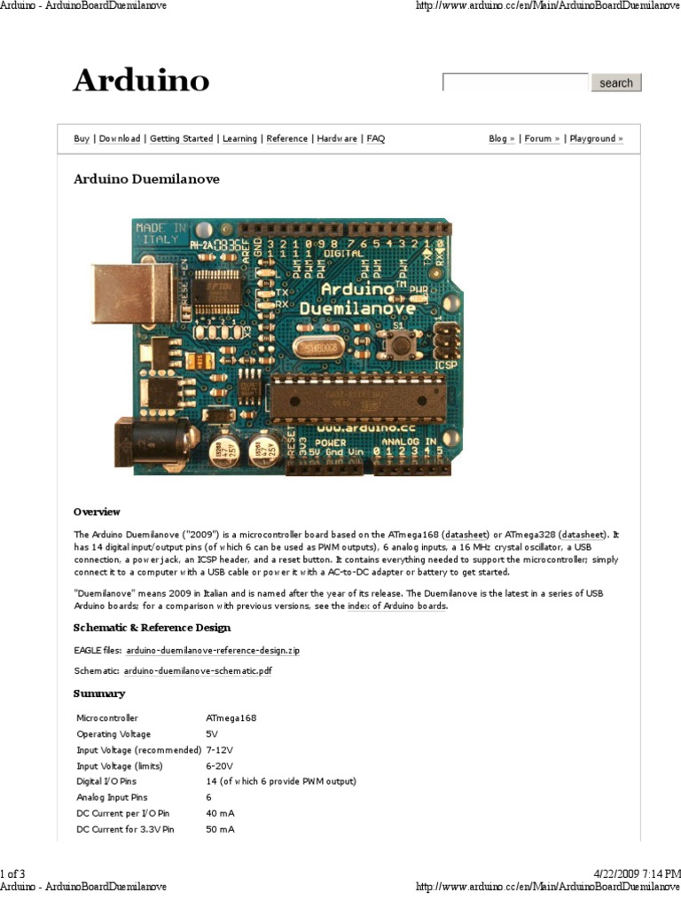 Arduino Duemilanove - Datasheet | PDF | Arduino | Manufactured Goods