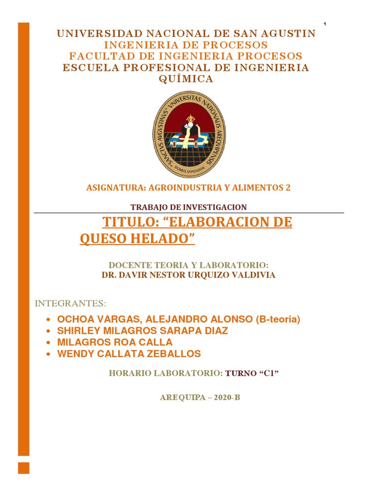 Agro2 Queso Helado Laboratorio Grupo1 | PDF | Leche | Helado
