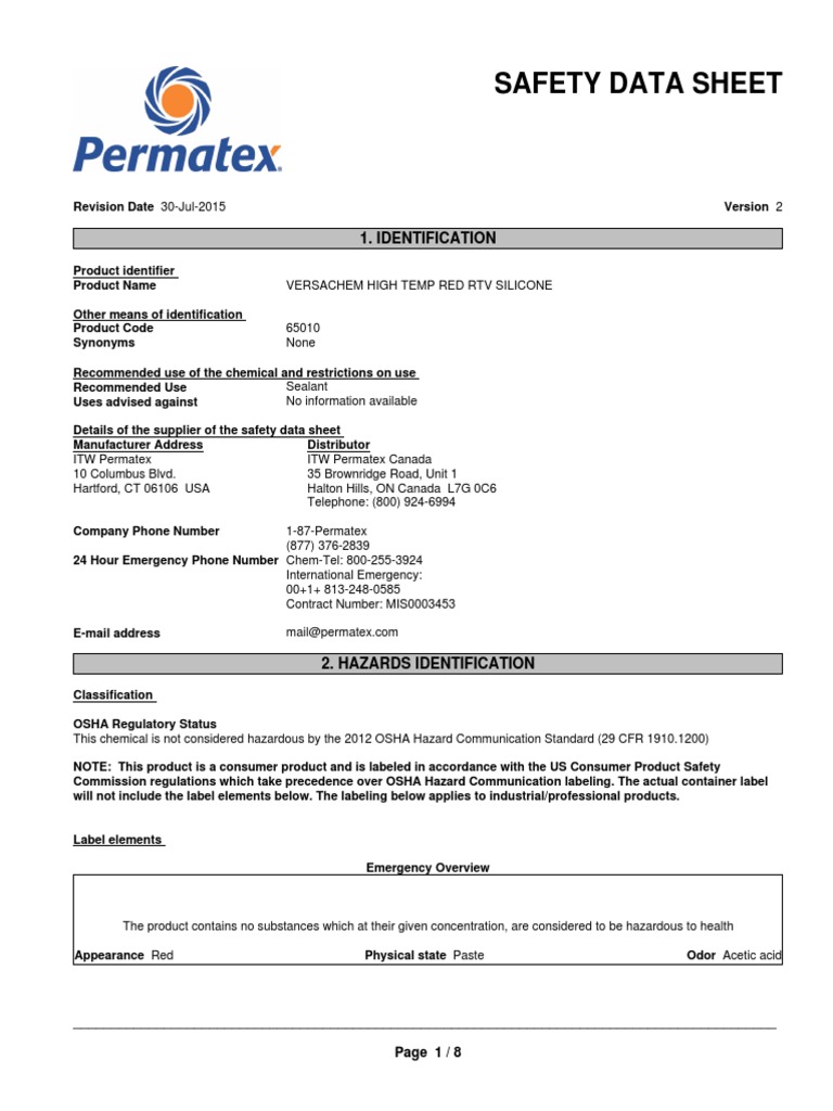 Msds Silicona Roja 65010 Versachem | PDF | Personal Protective ...