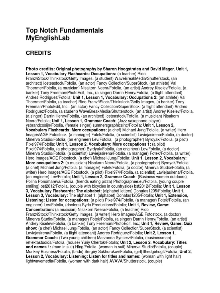 Top Notch Fundamentals MyEnglishLab Credits | PDF | Getty Images | Clothing