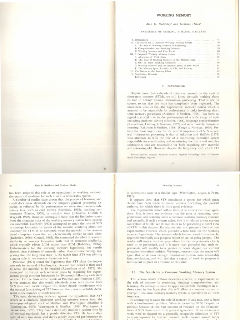 Working Memory: Alan D. Baddeley' and Graham Hitch' | PDF | Working Memory | Memory