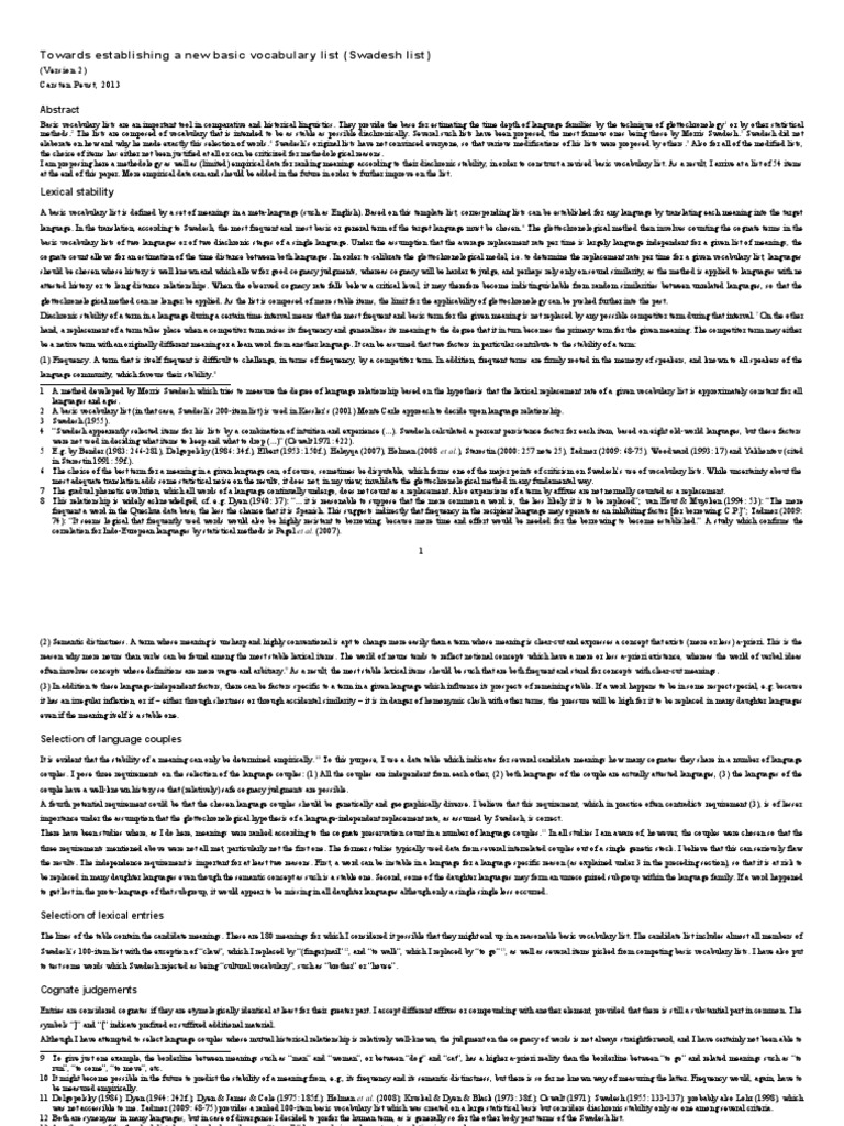 Towards Establishing A New Basic Vocabulary List (Swadesh List) | PDF ...