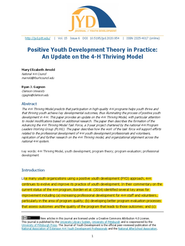 Positive Youth Development Theory in Practice: An Update On The 4-H ...