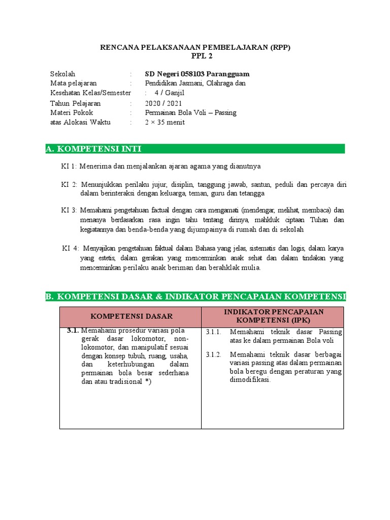 File RPP PPL 2 Bola Voli Pjok SD Kelas 4 - Dicky Bagus | PDF