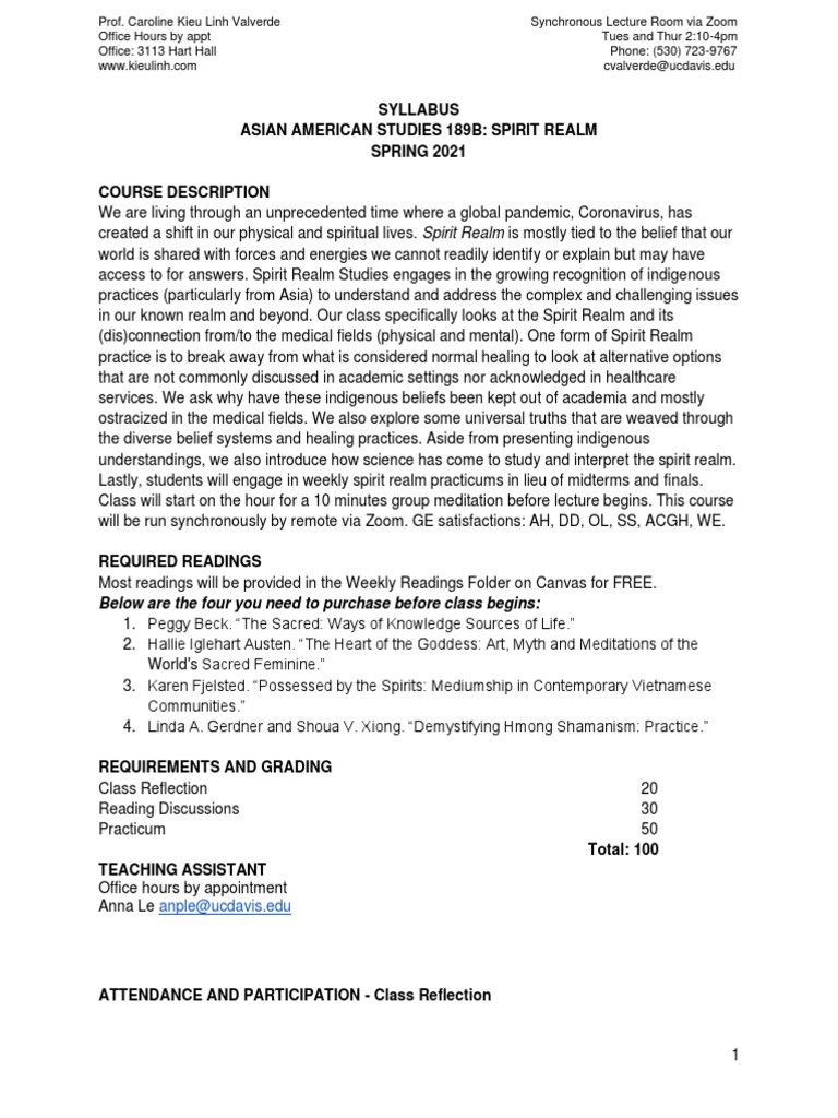Syllabus Asian American Studies 189B: Spirit Realm SPRING 2021 Course ...