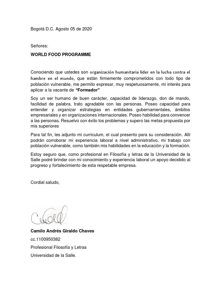 Cover Letter World Food Programme | PDF