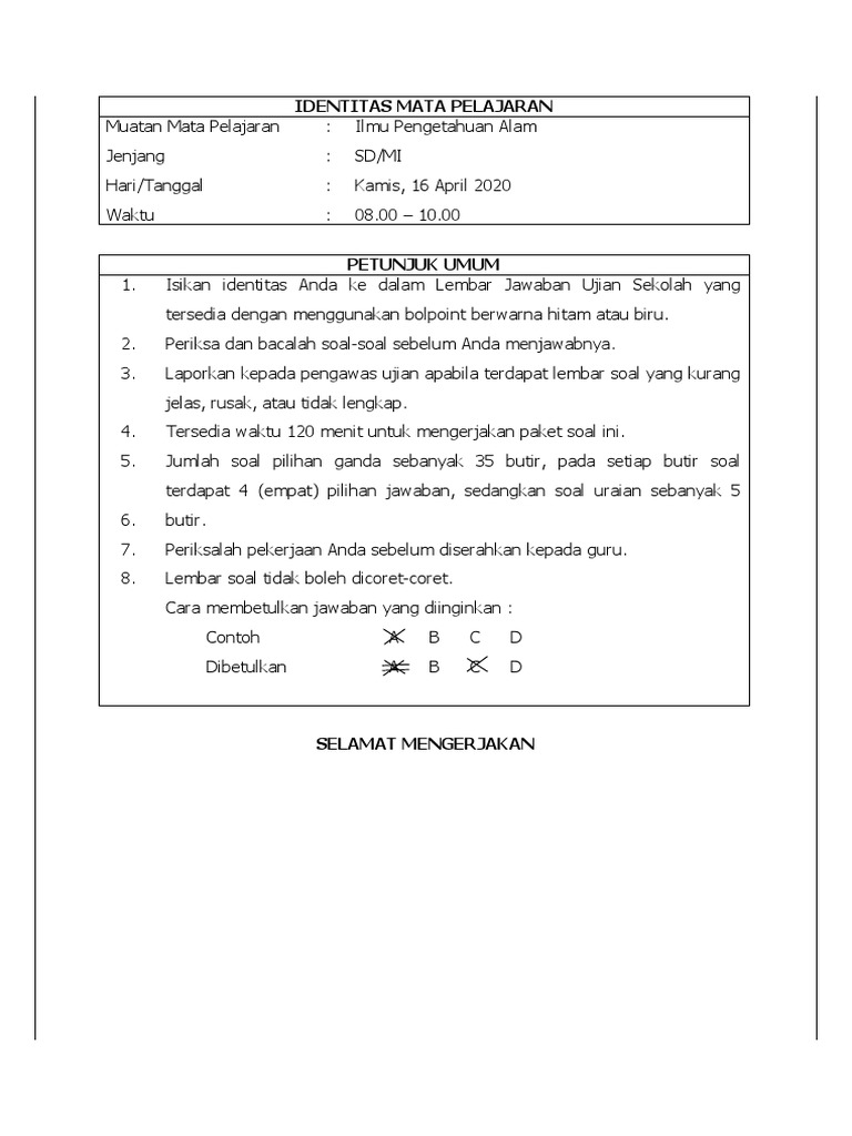 Kelompok 1 NASKAH SOAL UJIAN SEKOLAH IPA - UTAMA TAHUN 2020 2021 | PDF