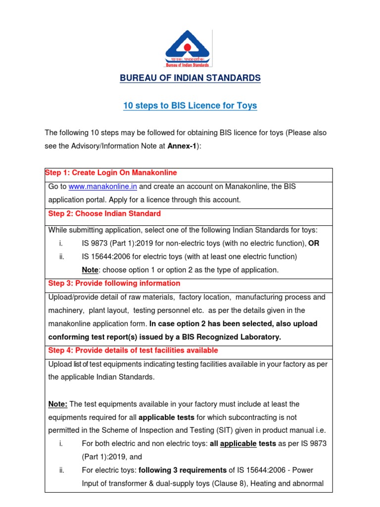Bureau of Indian Standards: 10 Steps To BIS Licence For Toys | PDF ...