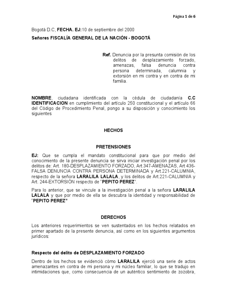 Formato Denuncia Fiscalia Nacional Colombia | PDF | Extorsión | Difamación