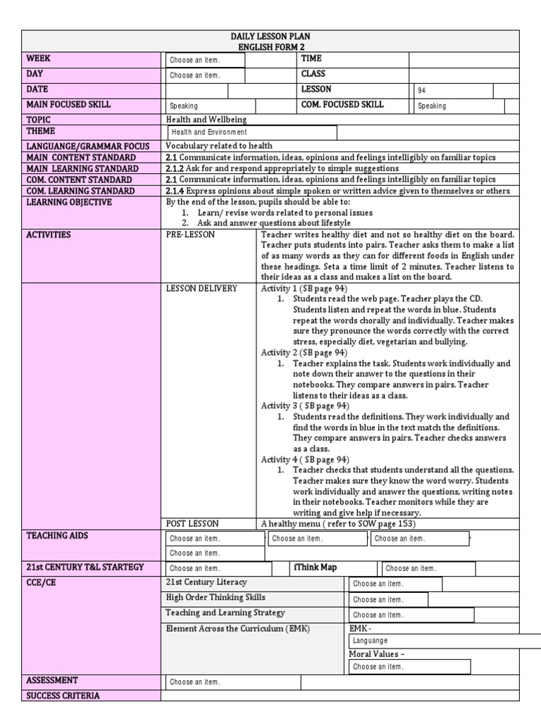 Daily English lesson plan focuses on health | PDF | Lesson Plan | Teachers