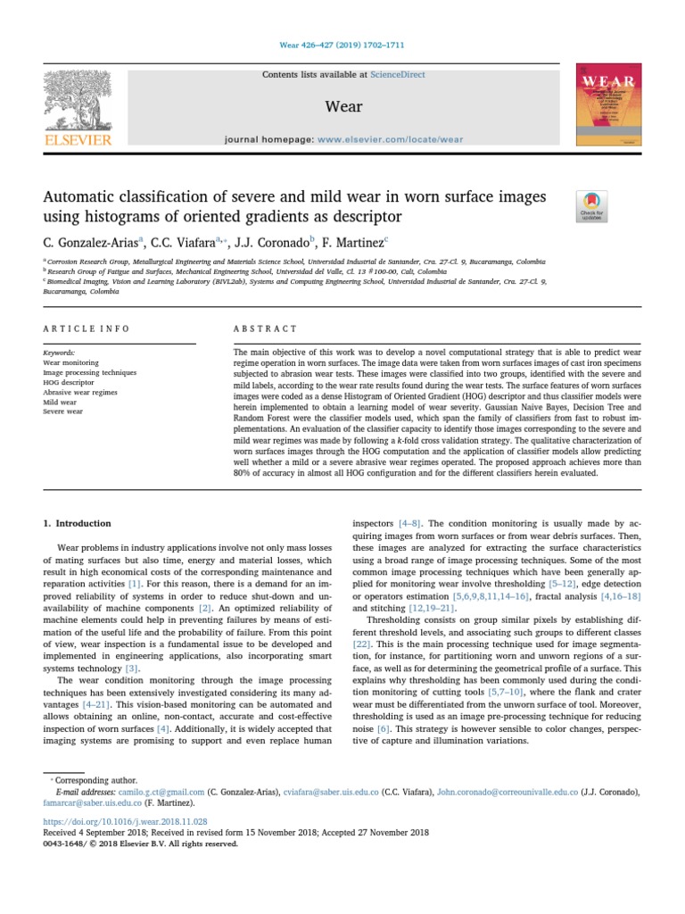 Automatic Classification of Severe and Mild Wear in Worn Surface Ima ...