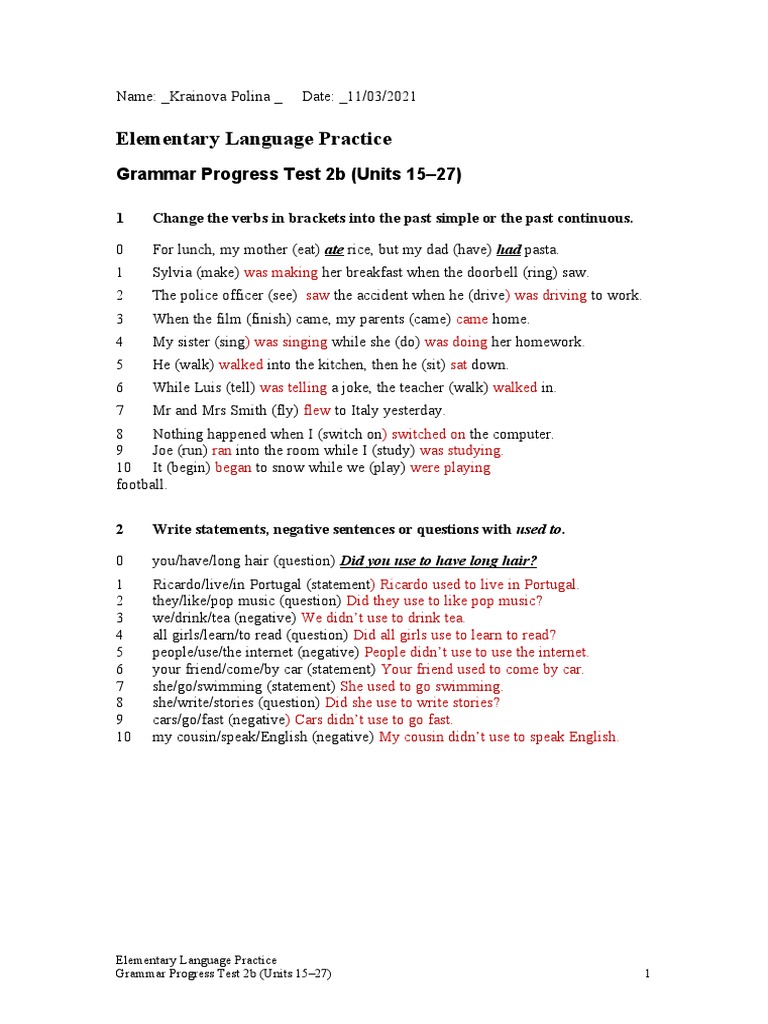 ELP Grammar Test 2b | PDF | Question | English Language