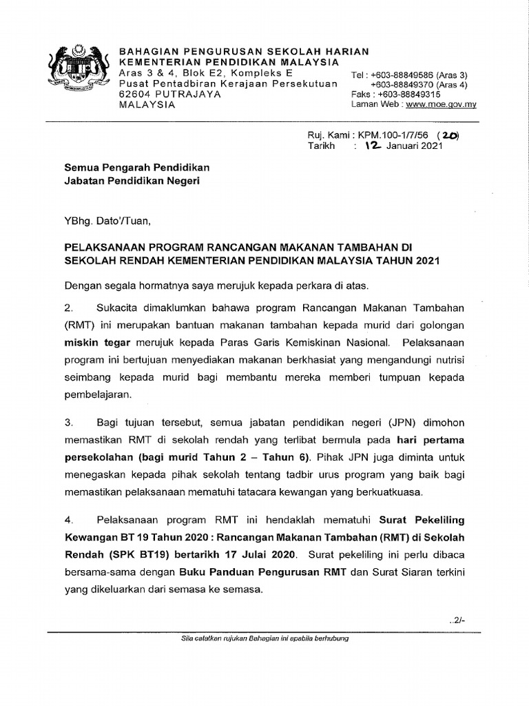 Surat Arahan Pelaksanaan RMT 2021 | PDF