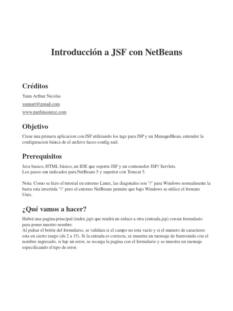 Tutorial JSF en NetBeans: Primer Proyecto | PDF | Páginas del servidor Java | Frijoles Netos