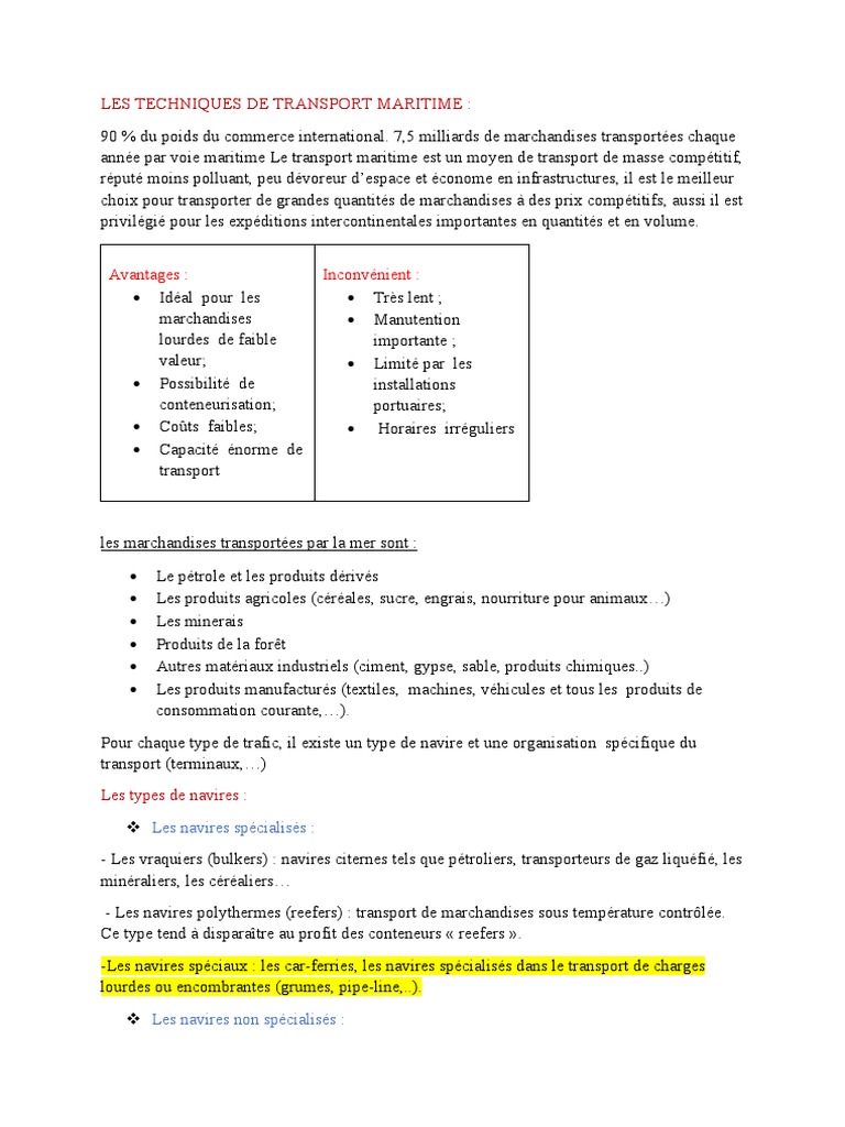 Les Techniques de Transport Maritime:: Avantages: Inconvénient | PDF ...