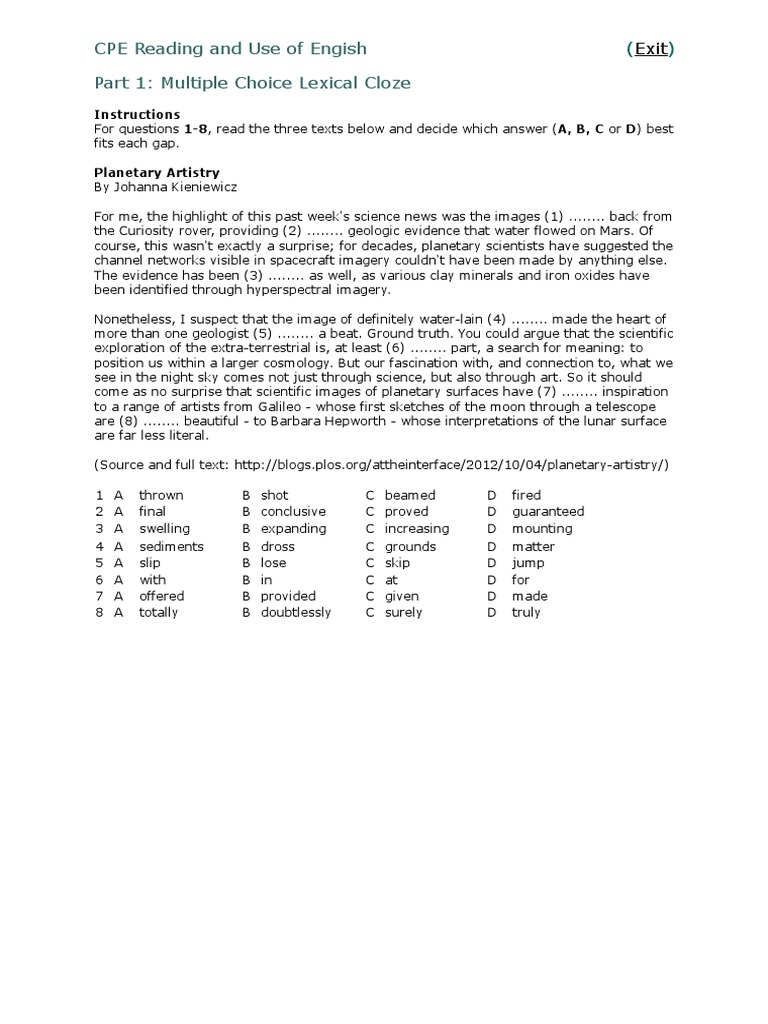CPE Reading and Use of Engish Part 1: Multiple Choice Lexical Cloze | PDF