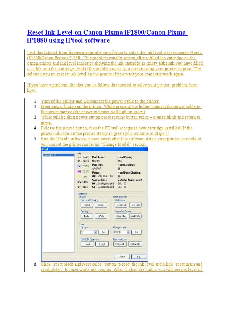 Resetting Ink Levels for Canon iP1800 | PDF | Business | Computers