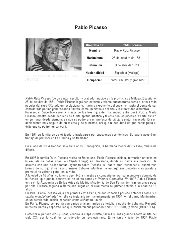 Biografia Pablo Picasso Pdf Pablo Picasso Cubismo