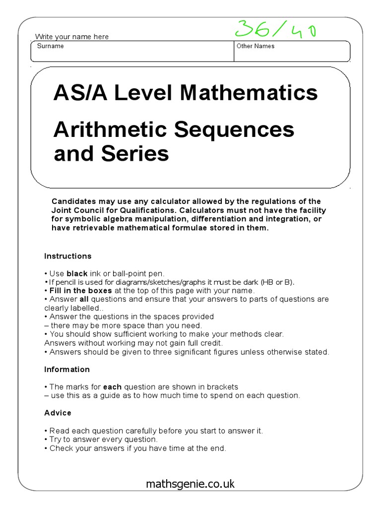 AS/A Level Mathematics Arithmetic Sequences and Series: Mathsgenie - Co ...