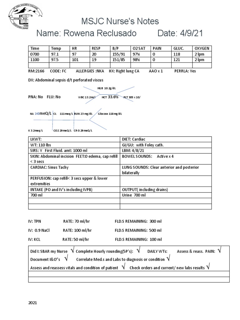 MSJC Nurse's Notes Name: Rowena Reclusado Date: 4/9/21 | PDF | Diseases ...