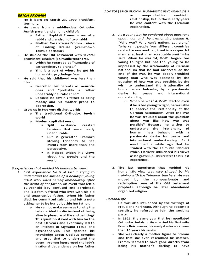 Erich Fromm's Humanistic Psychoanalysis | PDF | Erich Fromm | Sadomasochism